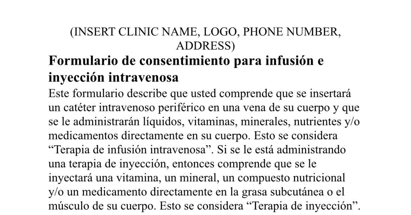 IV and IM Spanish Consent Form/formulario De Consentimiento Para ...
