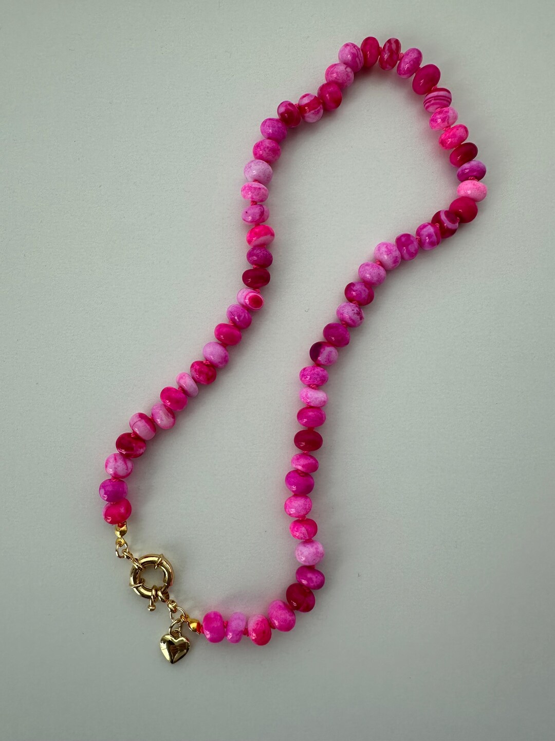 Hot Pink Opal Candy Necklace Knotted on Hot Pink Silk With Petite Heart ...