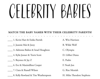 The Original Celebrity Baby Name Match up Game Baby Shower - Etsy