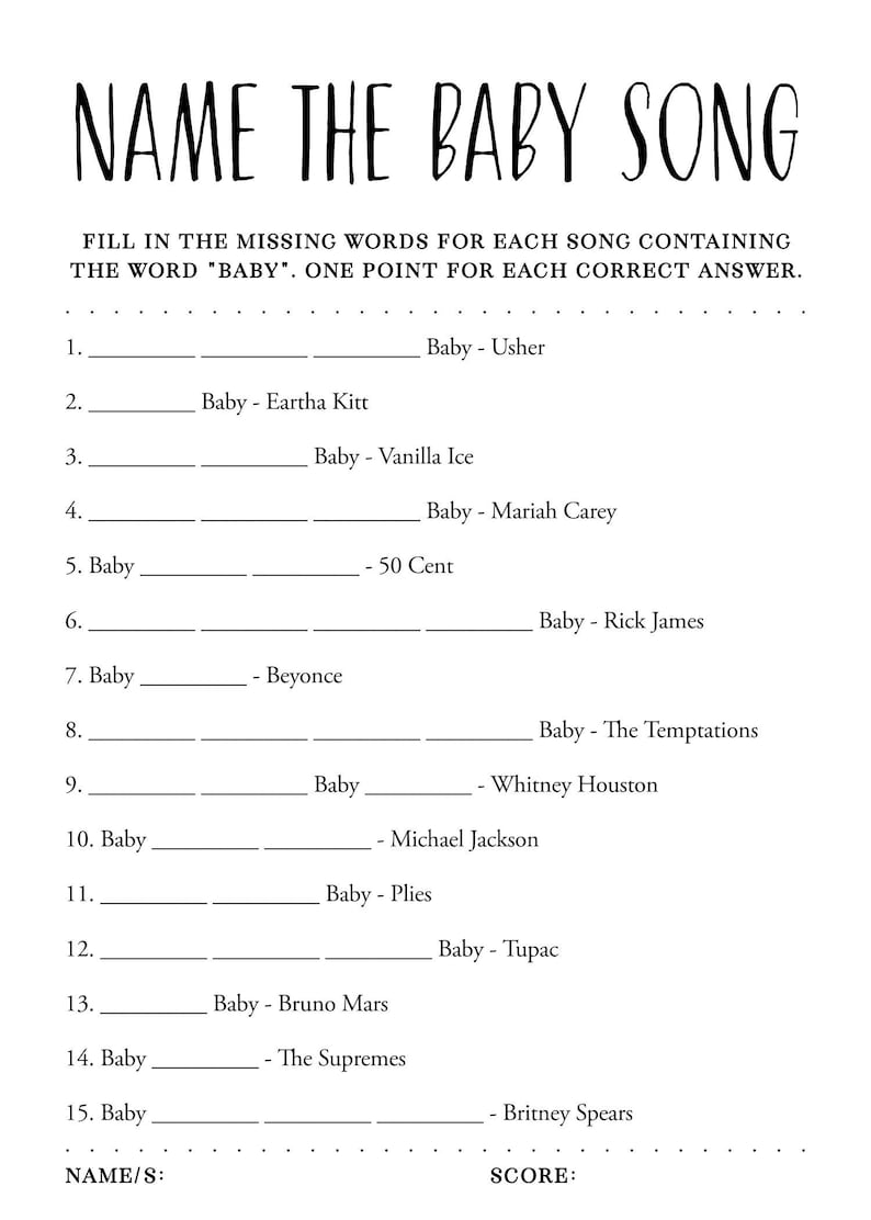 Name That Baby Song Game,printable Baby Shower Game,baby Song Guessing ...