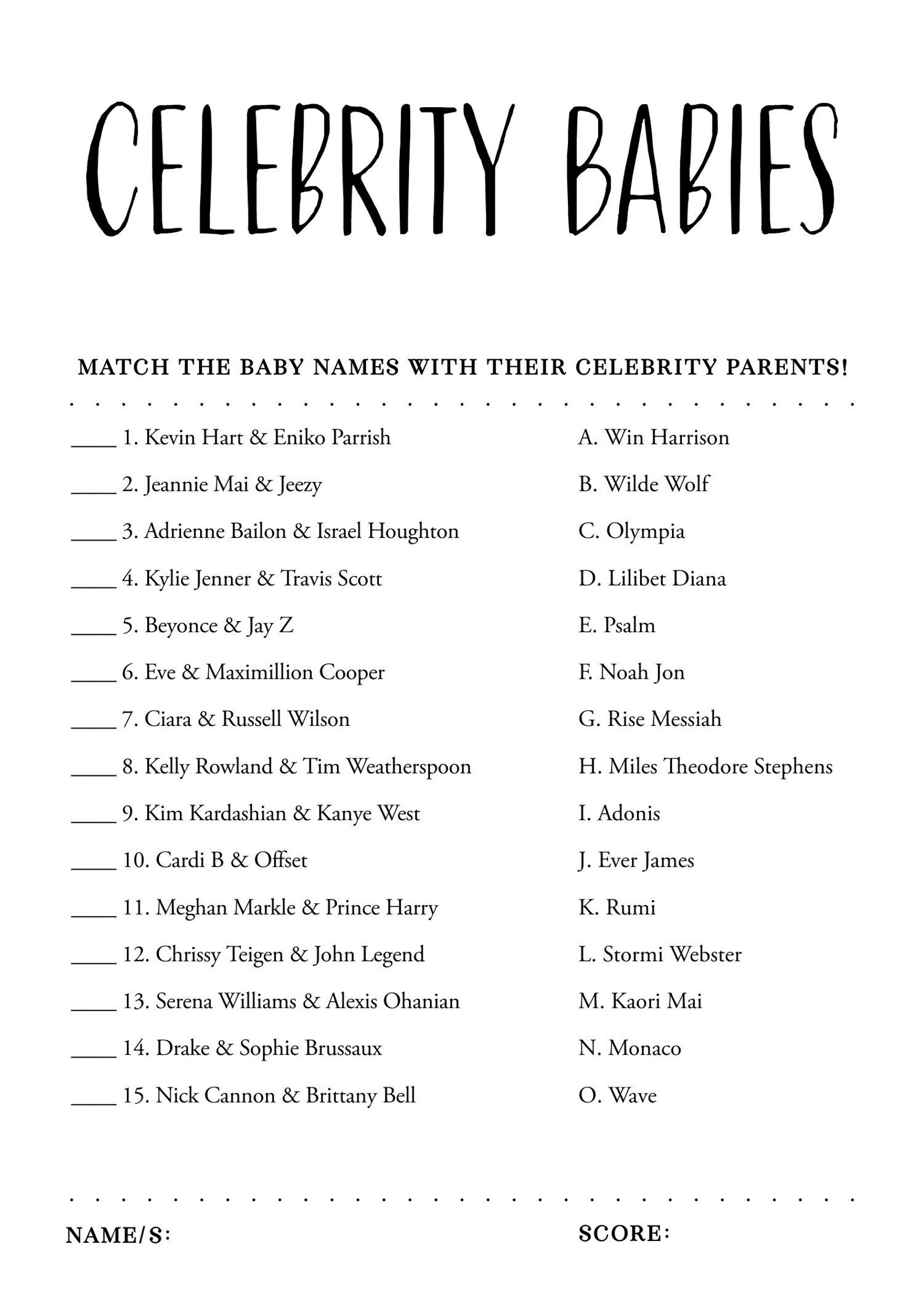 Celebrity Baby Name Game Celebrity Baby Game Printable Baby - Etsy