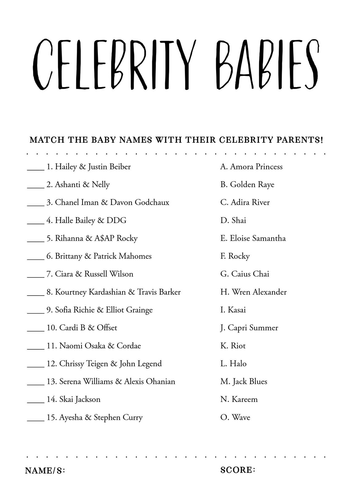 Celebrity Baby Name Game,printable Baby Shower Game,match the Baby to ...