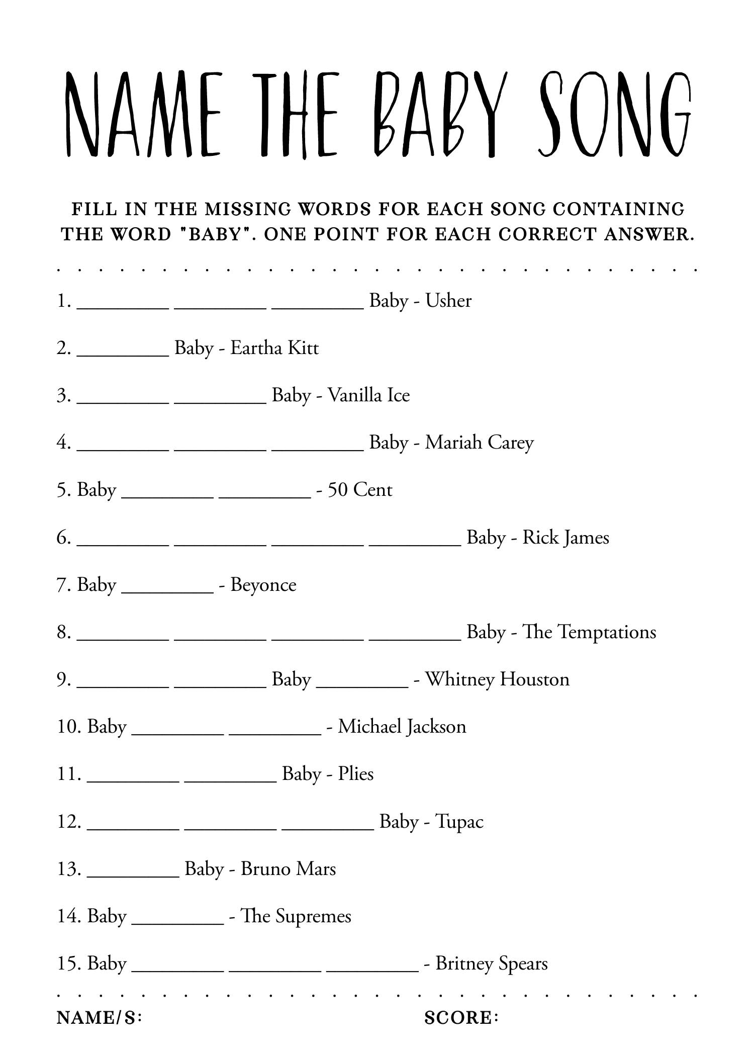 Name That Baby Song Game,printable Baby Shower Game,baby Song Guess ...