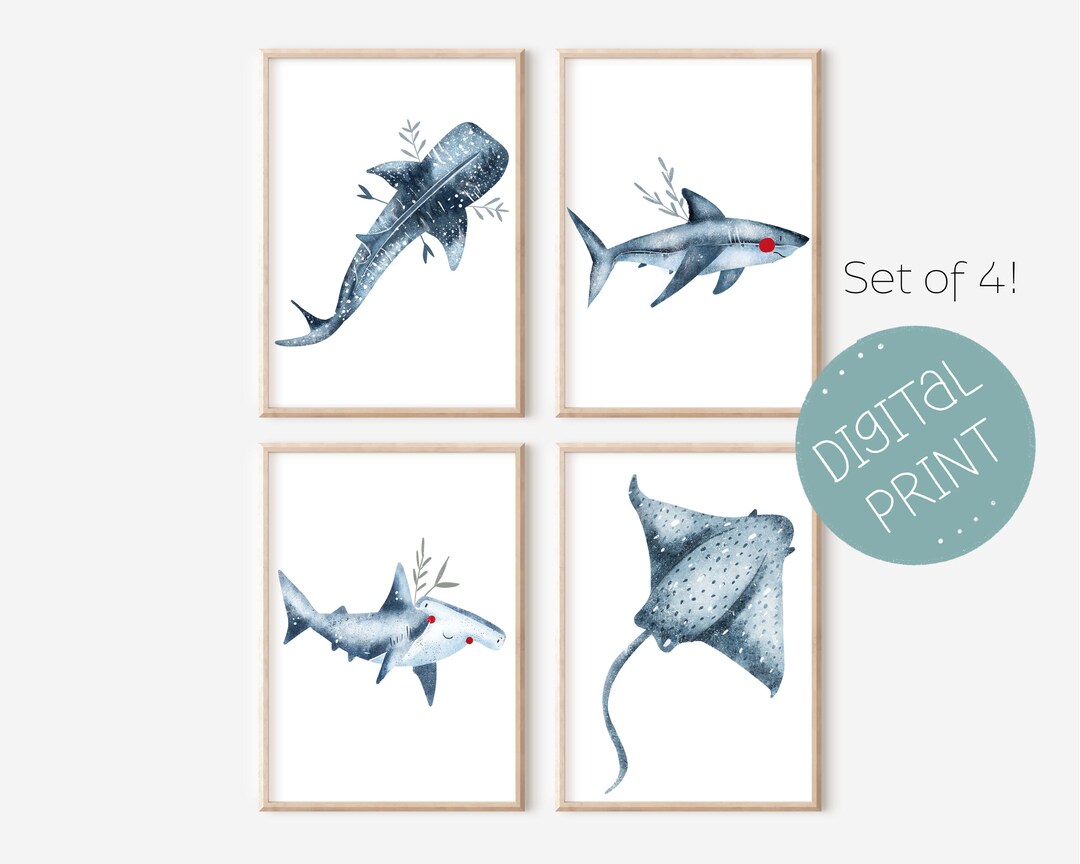Set of 4 Prints, Shark Print, Underwater Room Decor, Sea Animal Prints ...