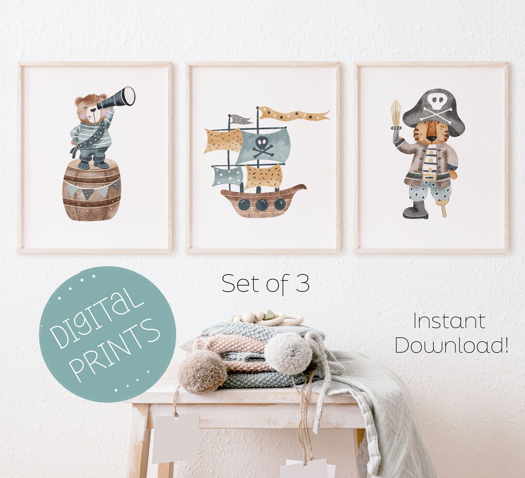 Set of 3 Digital Prints, Pirate Nursery Art, Pirate Decor, Pirate Ship ...