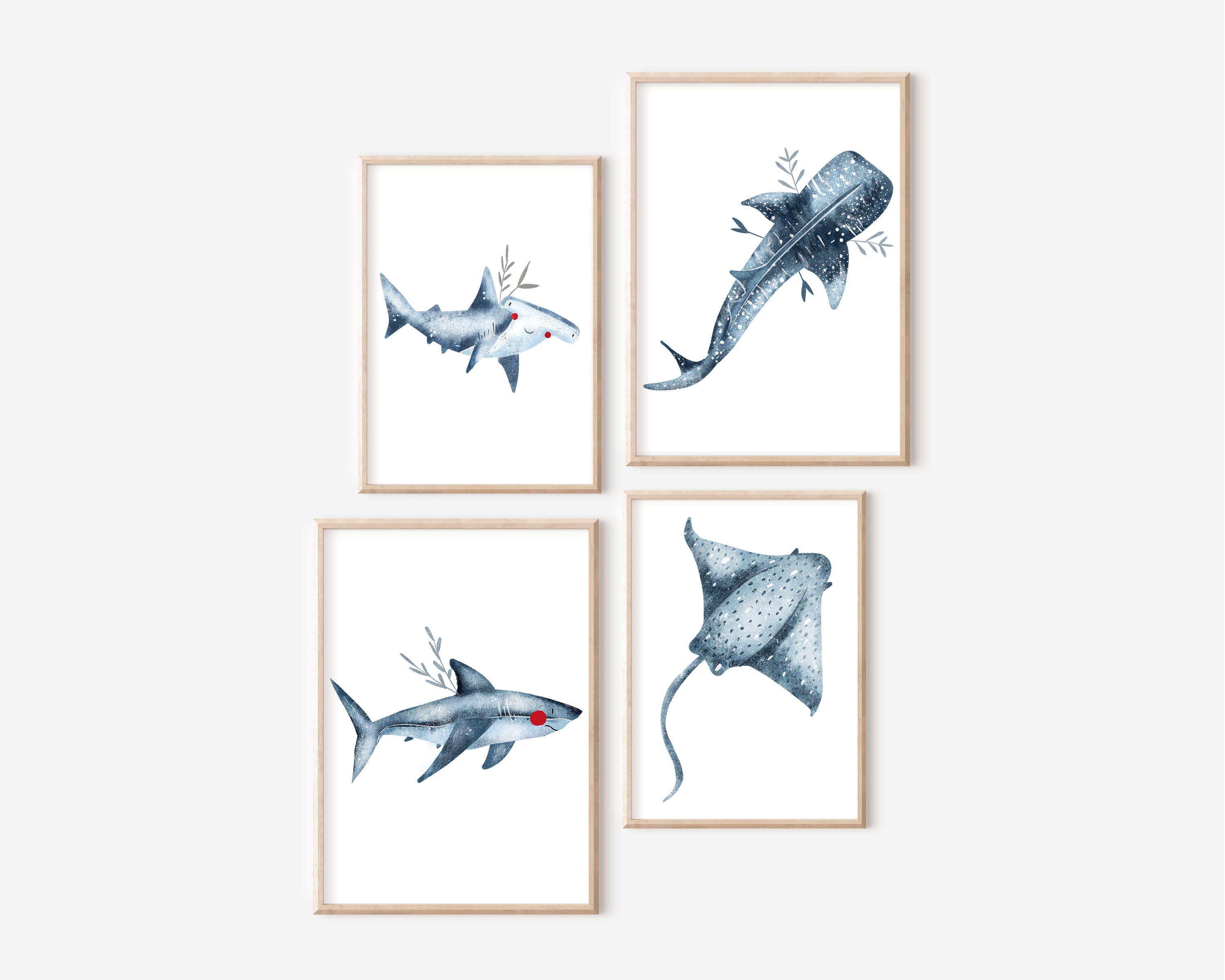 Set of 4 Prints, Shark Print, Underwater Room Decor, Sea Animal Prints ...