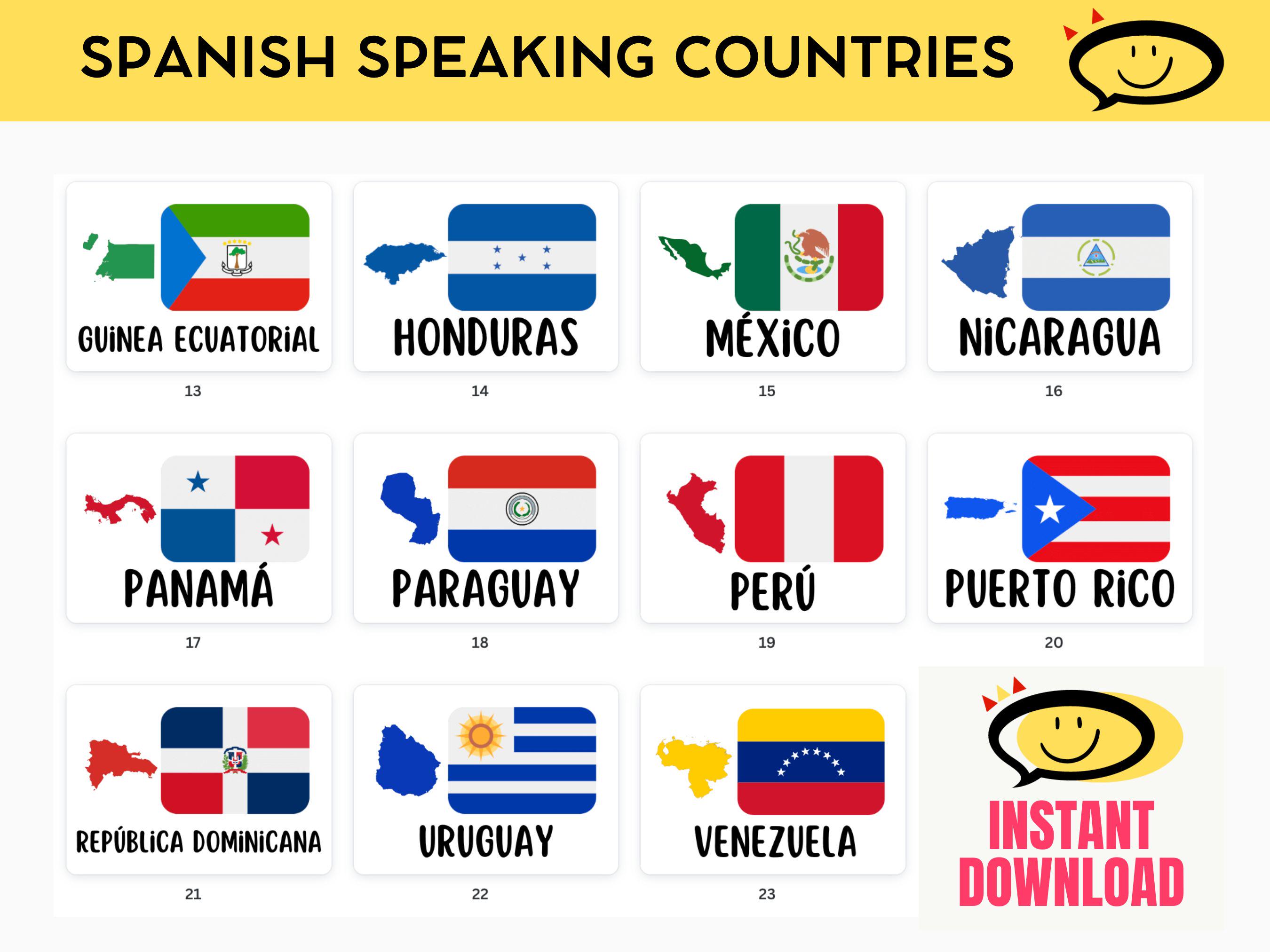 Spanish speaking Countries With Flags Maps Printable Poster Set