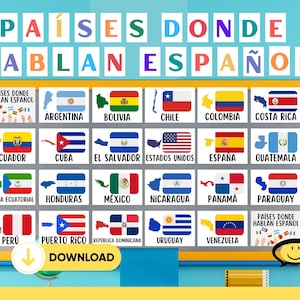 Spanish-speaking Countries With Flags, Maps Printable Poster Set ...