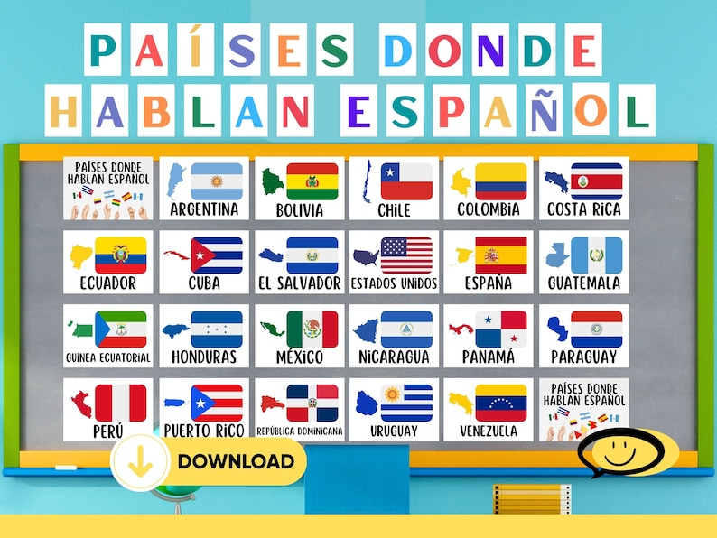 Spanish-speaking Countries With Flags, Maps Printable Poster Set ...