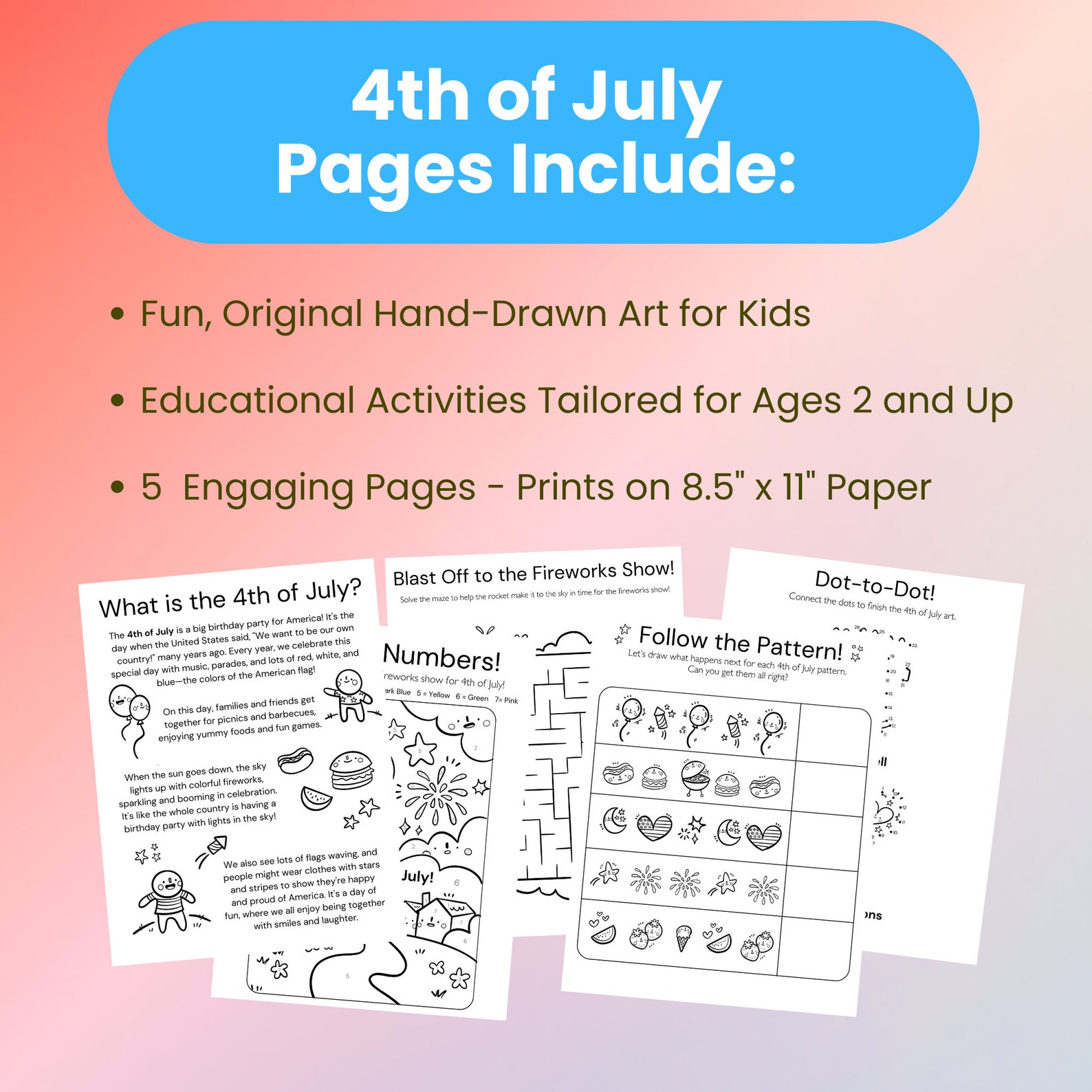 4th of July Fun and Educational Activity Pages for Toddlers - Etsy