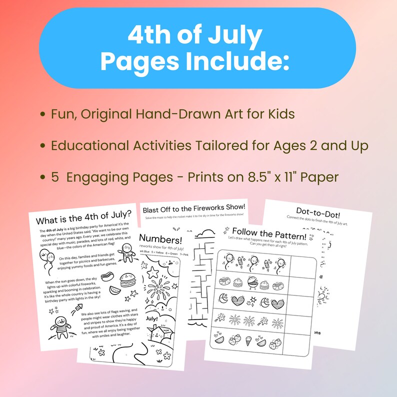 4th of July Fun and Educational Activity Pages for Toddlers - Etsy