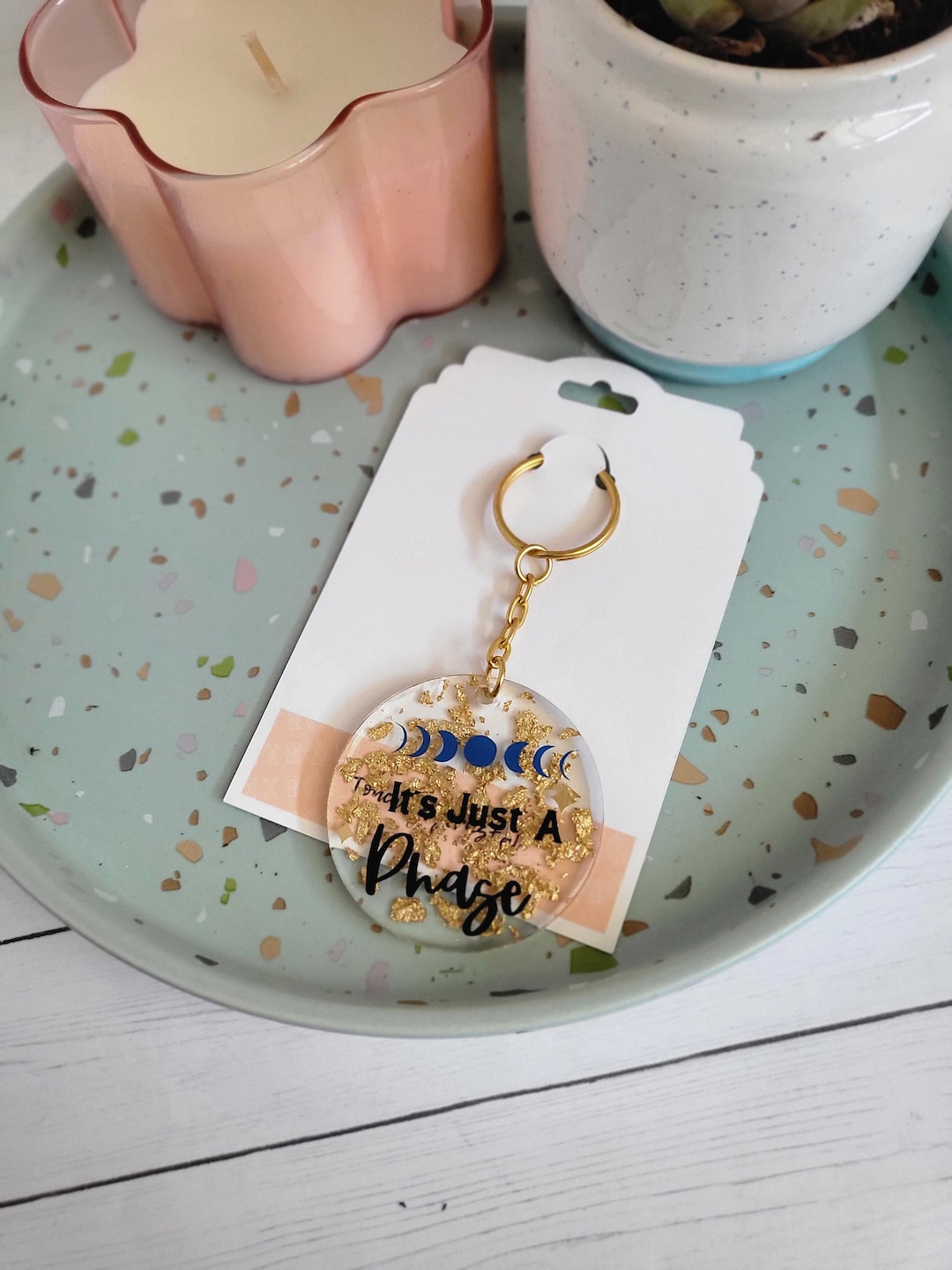 Moon, 'it's Just A Phase'keychain Blue and Gold Flake Moon Phase ...