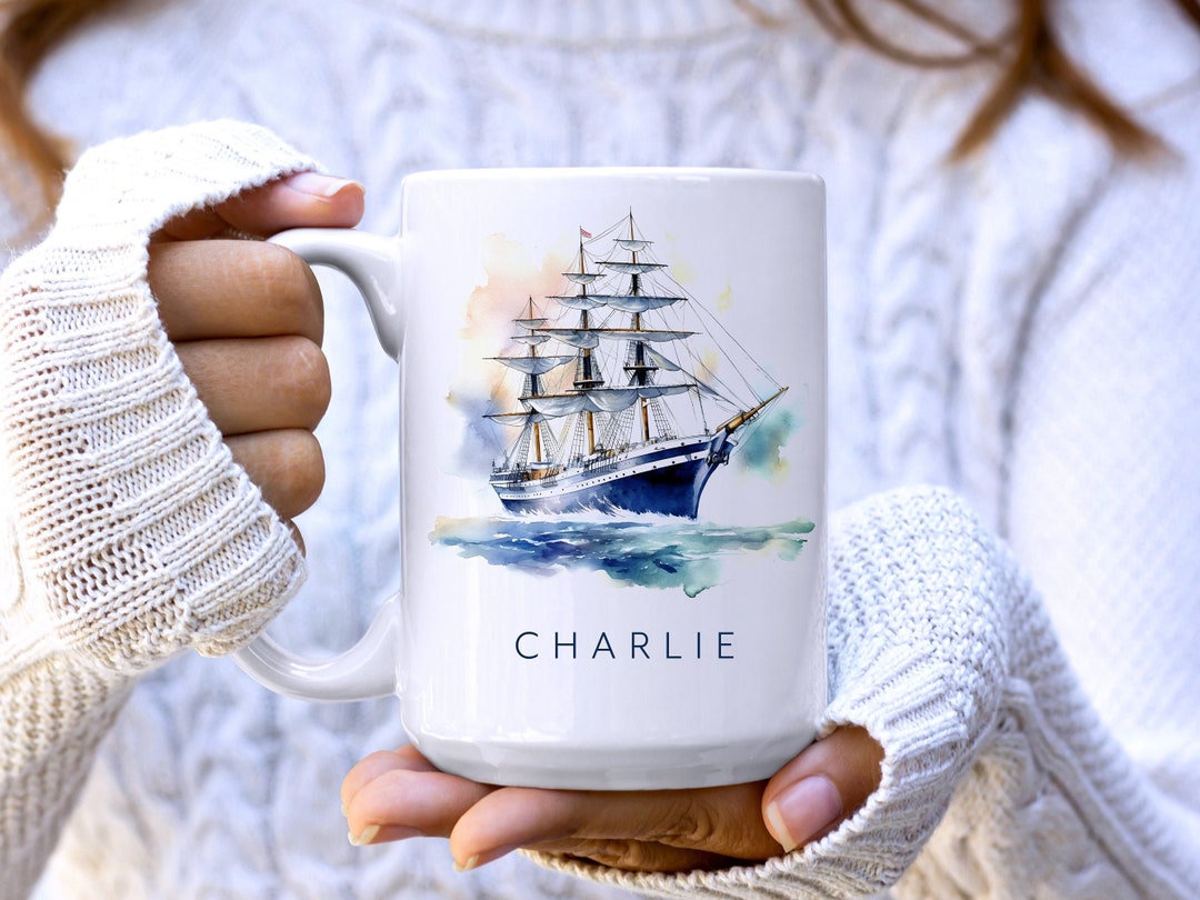 Ship Personalized Coffee Mug, Custom Watercolor Boat Mug With Name ...