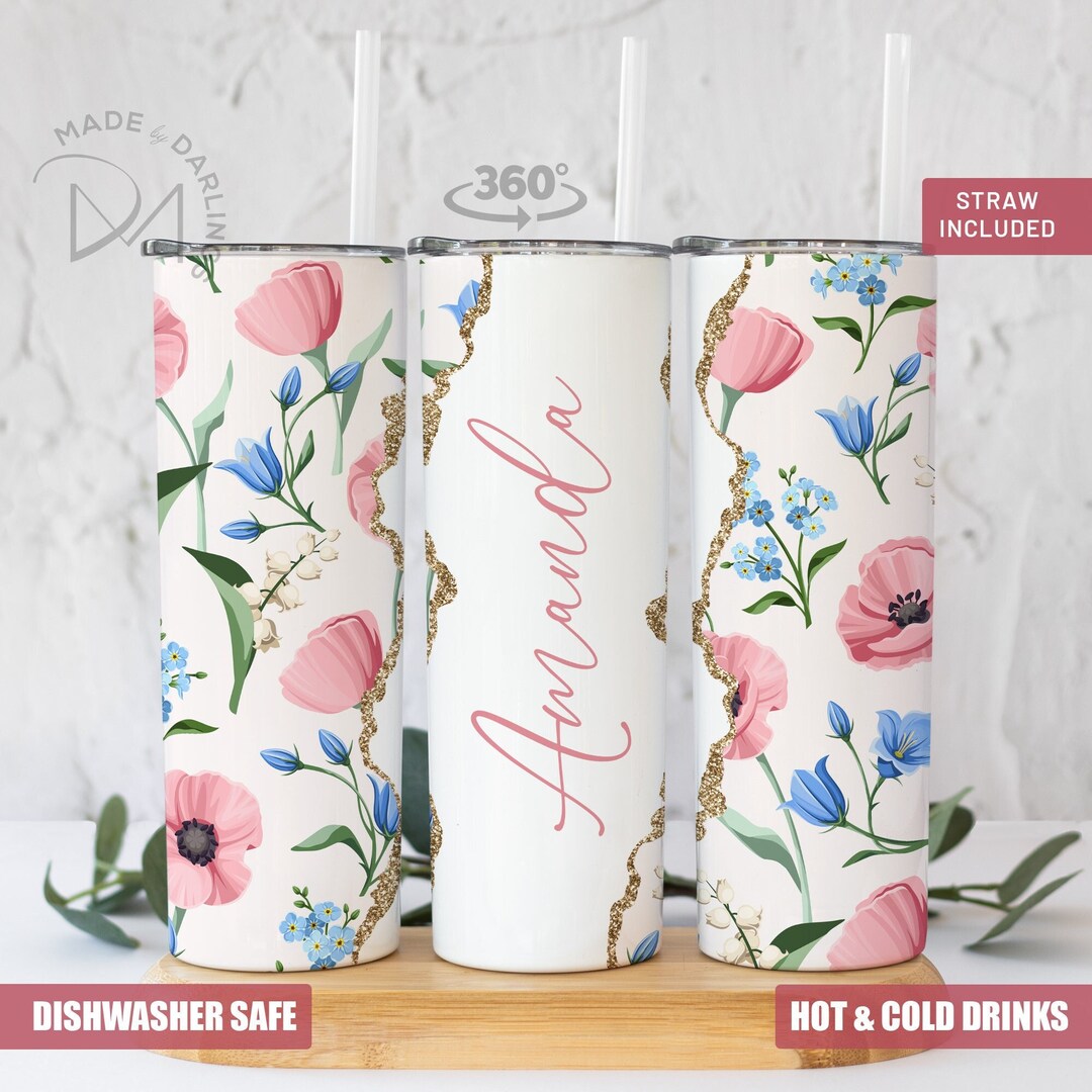 Personalized Name Tumbler, Floral Name Tumbler, Pink Floral Tumbler ...