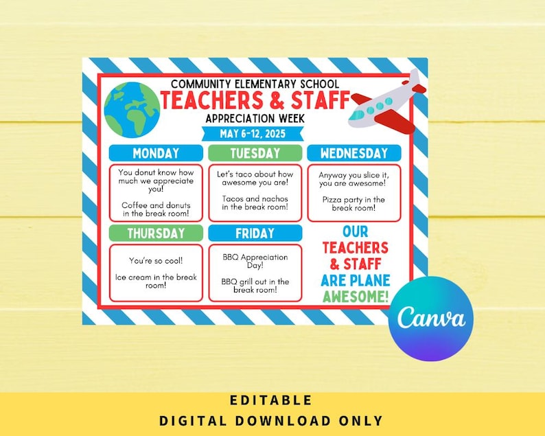 Editable Plane Themed Teachers & Staff Appreciation Week Itinerary ...