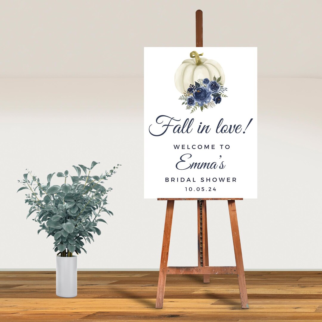Editable Fall Blue Floral Pumpkin Fall in Love Bridal Shower Welcome ...