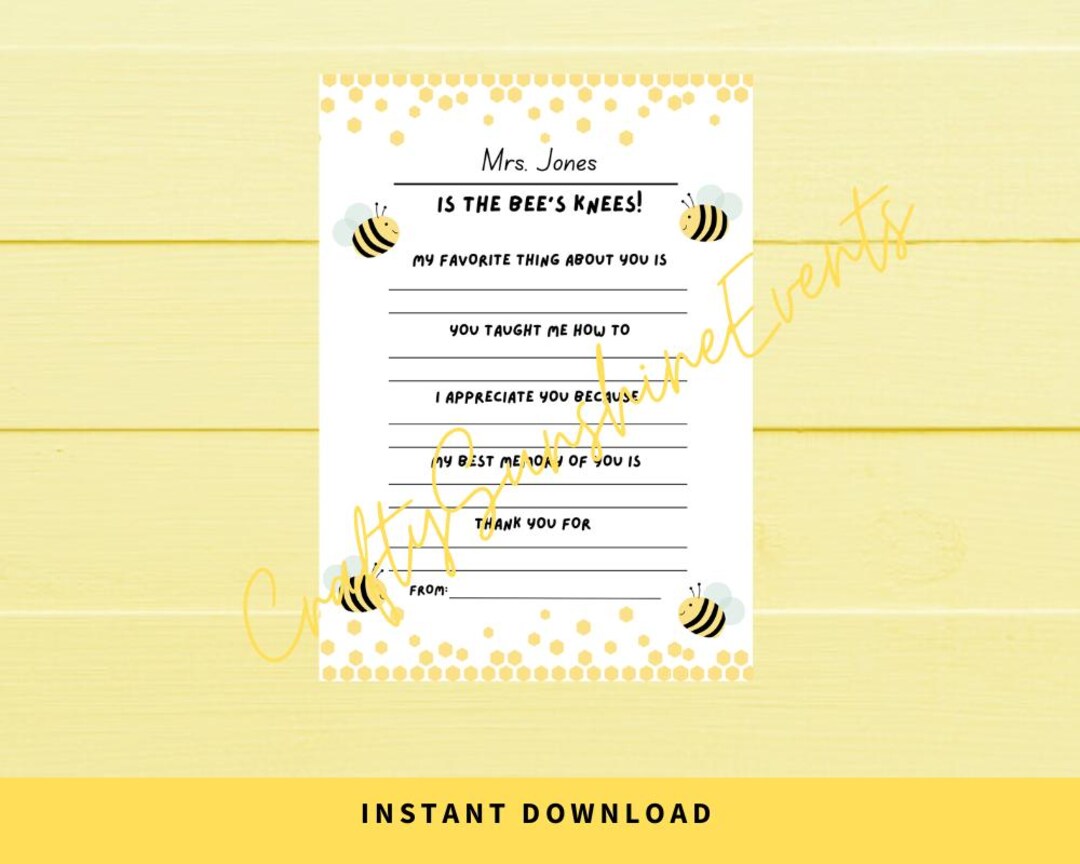 INSTANT DOWNLOAD Bee Themed Teacher Questionnaire 5x7 - Etsy