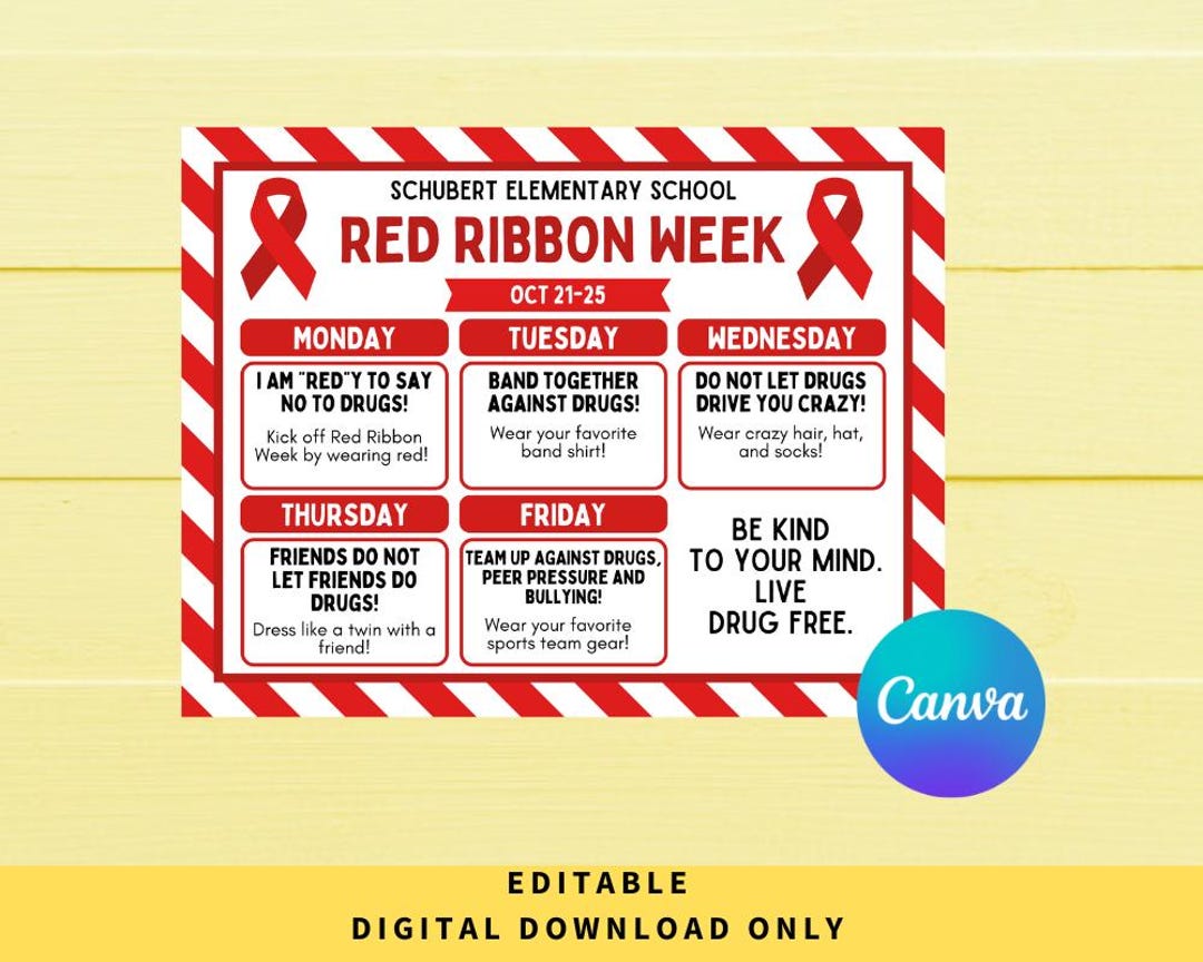DIGITAL DOWNLOAD ONLY Editable Red Ribbon Week Itinerary Poster 11x8.5 ...