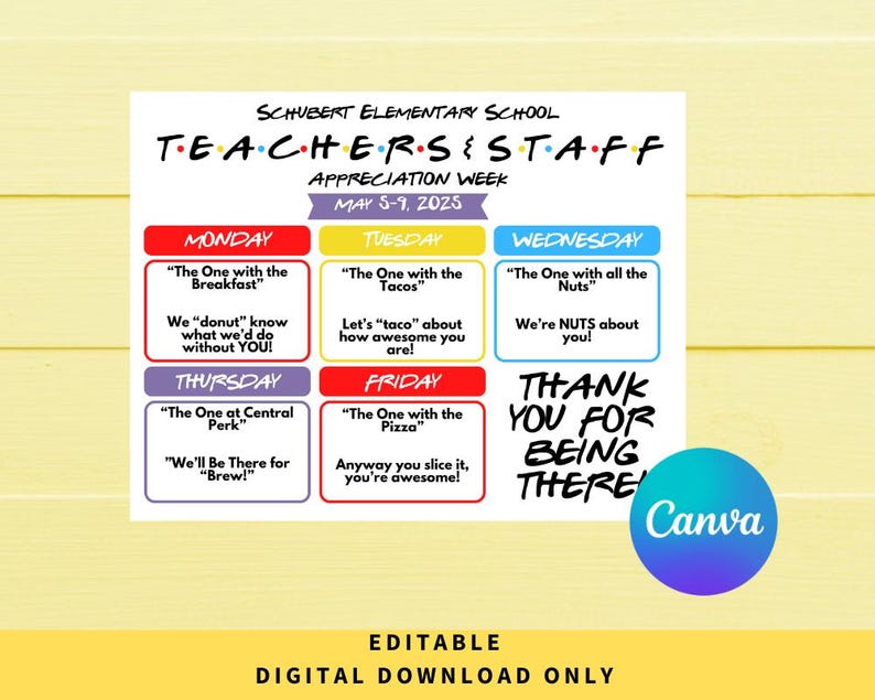 Editable Friends Themed Teachers & Staff Appreciation Week Itinerary ...