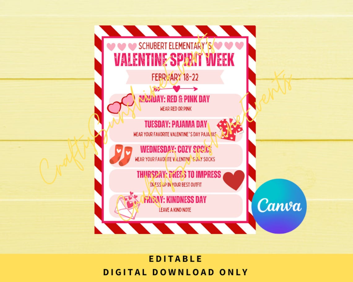 Editable School Valentine Spirit Week Itinerary Poster - Etsy