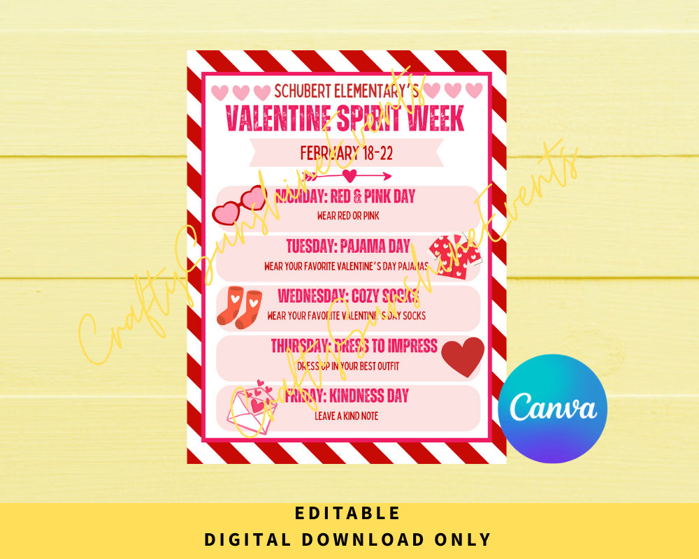 Editable School Valentine Spirit Week Itinerary Poster - Etsy
