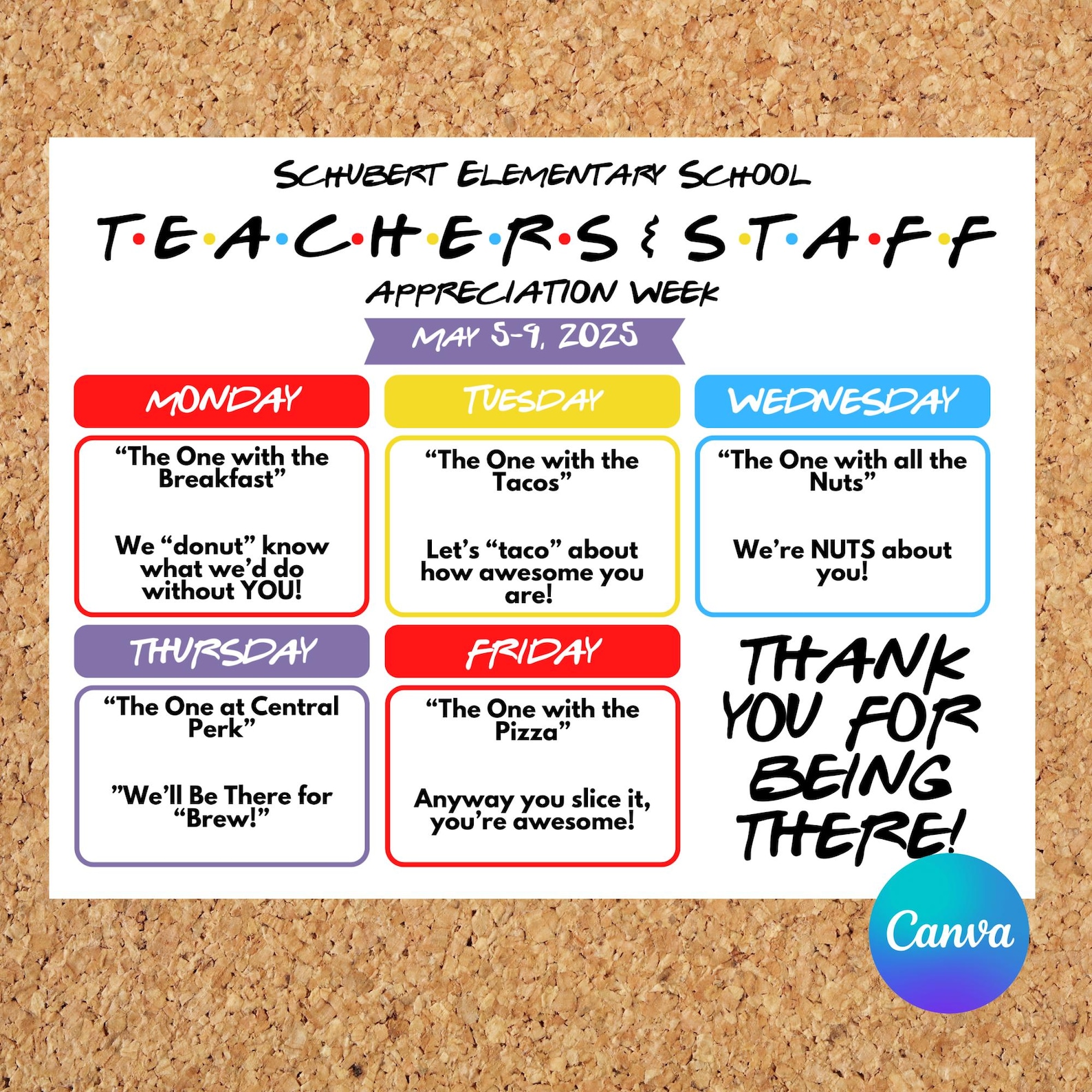 Editable Friends Themed Teachers & Staff Appreciation Week Itinerary ...