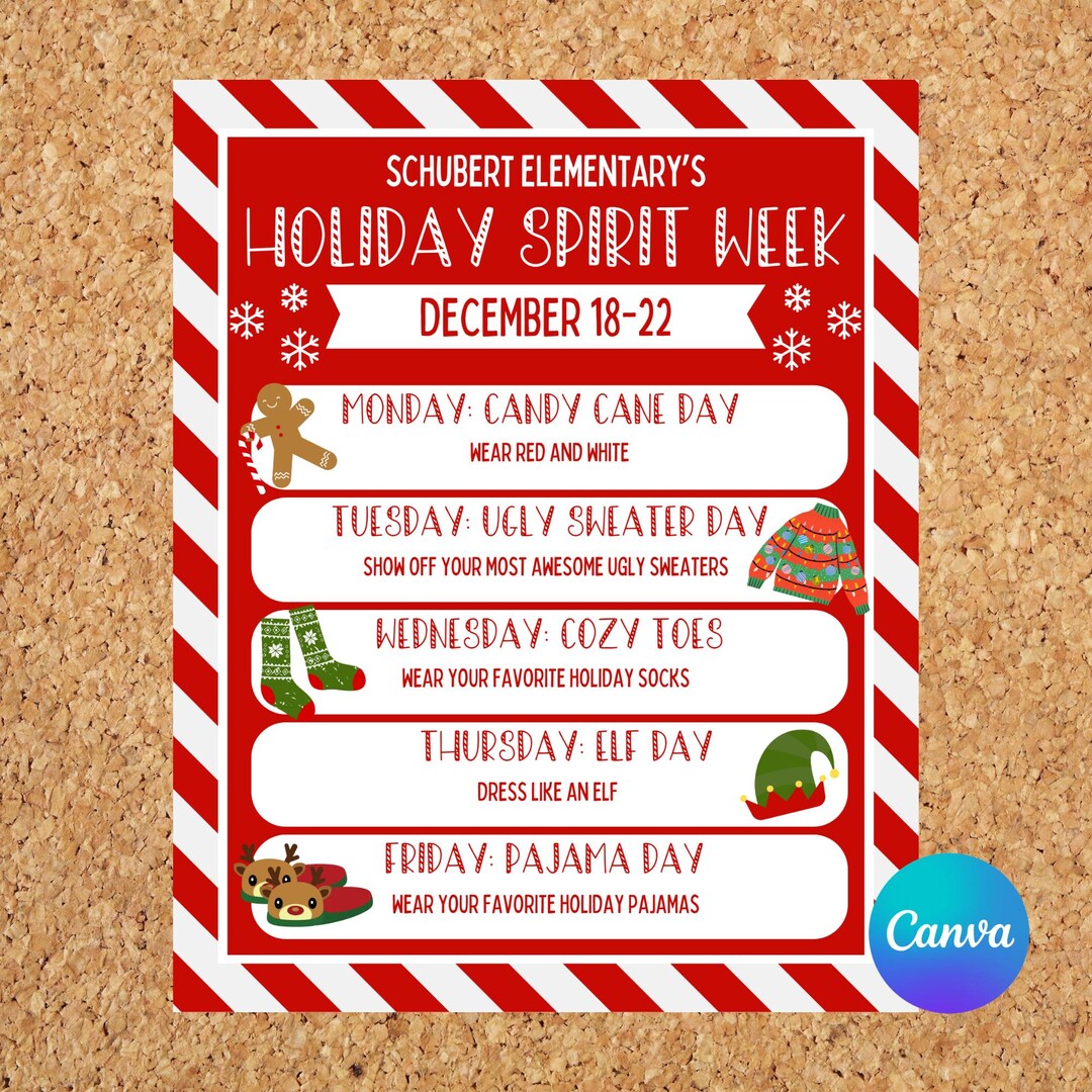 Editable Red White Holiday Spirit Week Template Schedule 8x10 - Etsy