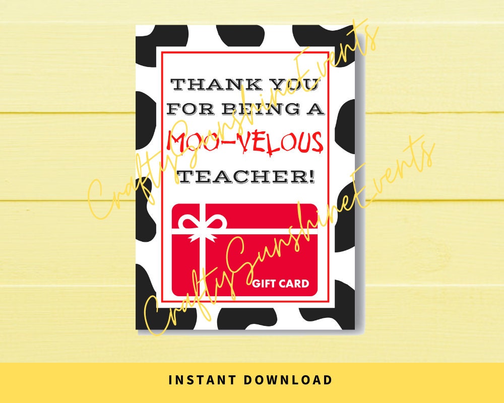 INSTANT DOWNLOAD Thank You for Being A Moo-velous Teacher Gift Card ...
