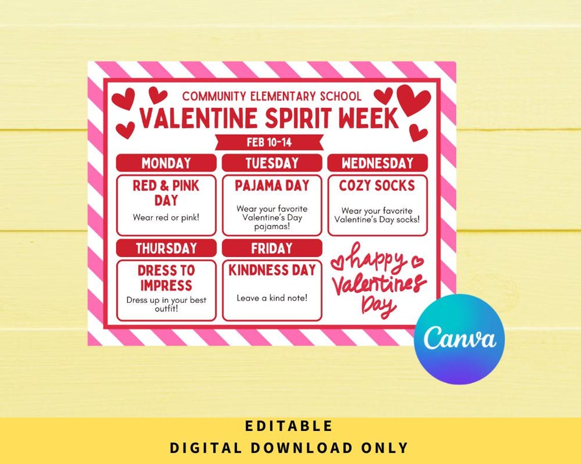 DIGITAL DOWNLOAD ONLY Editable Valentine's Day Spirit Week Itinerary ...