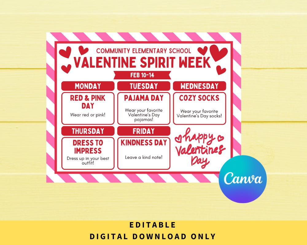 DIGITAL DOWNLOAD ONLY Editable Valentine's Day Spirit Week Itinerary ...