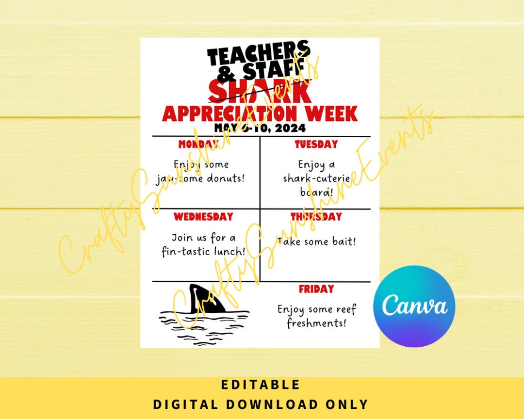 Editable Shark Themed Teachers & Staff Appreciation Week Itinerary ...