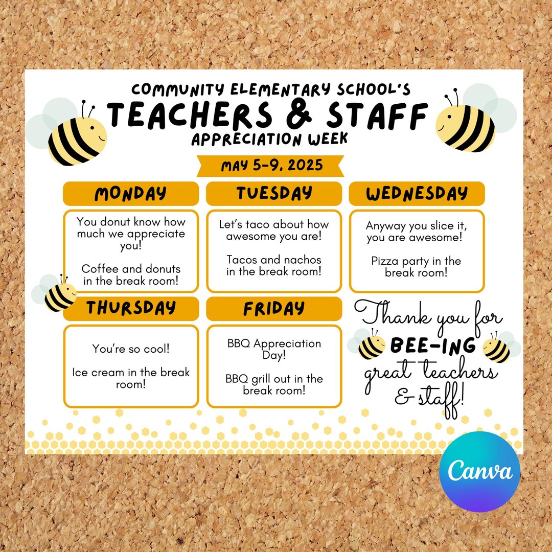 Editable Bee Themed Teachers & Staff Appreciation Week Itinerary Poster ...