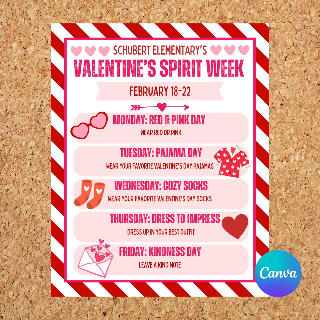 Editable School Valentine Spirit Week Itinerary Poster - Etsy