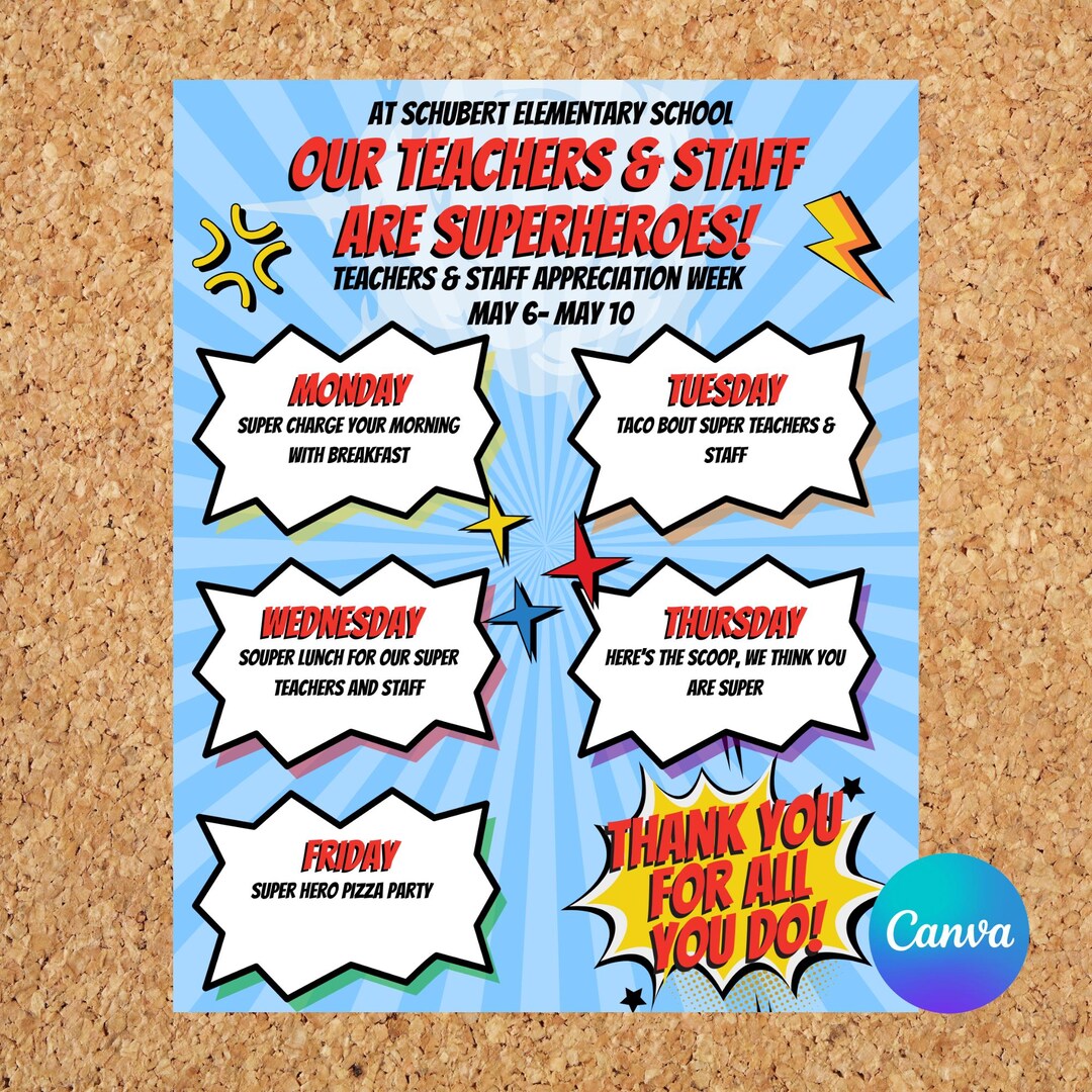 Editable Superhero Themed Teachers & Staff Appreciation Week Itinerary ...
