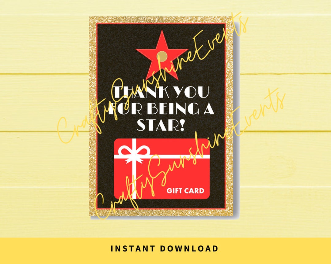 INSTANT DOWNLOAD Hollywood Themed Thank You for Being A Star Gift Card ...
