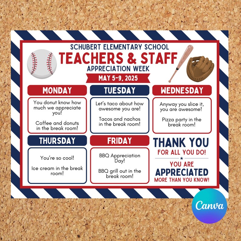 Editable Baseball Themed Teachers & Staff Appreciation Week Itinerary ...