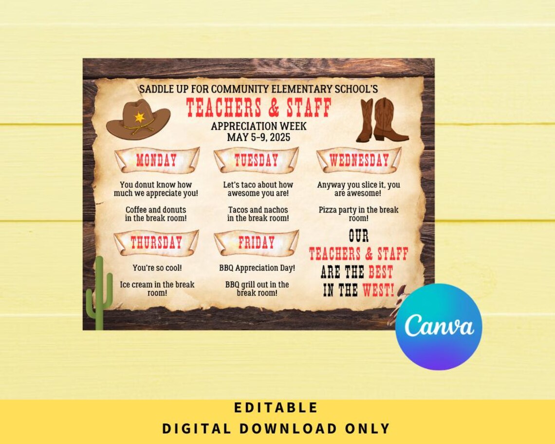 Editable Western Themed Teachers & Staff Appreciation Week Itinerary ...