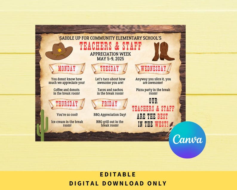 Editable Western Themed Teachers & Staff Appreciation Week Itinerary ...