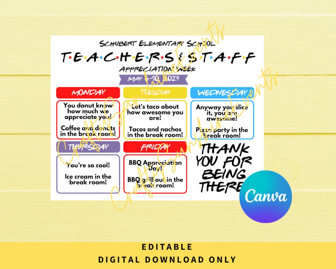 Editable Friends Themed Teachers & Staff Appreciation Week Itinerary ...