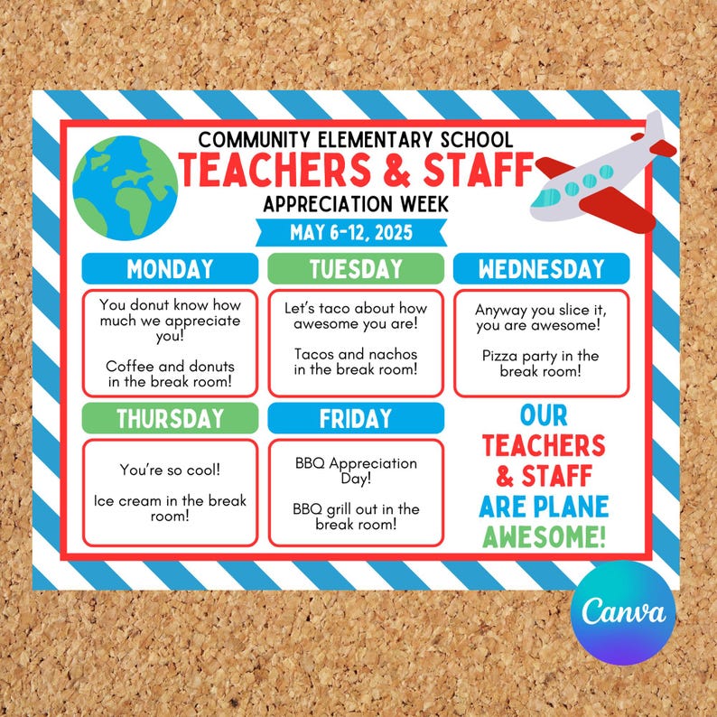 Editable Plane Themed Teachers & Staff Appreciation Week Itinerary ...