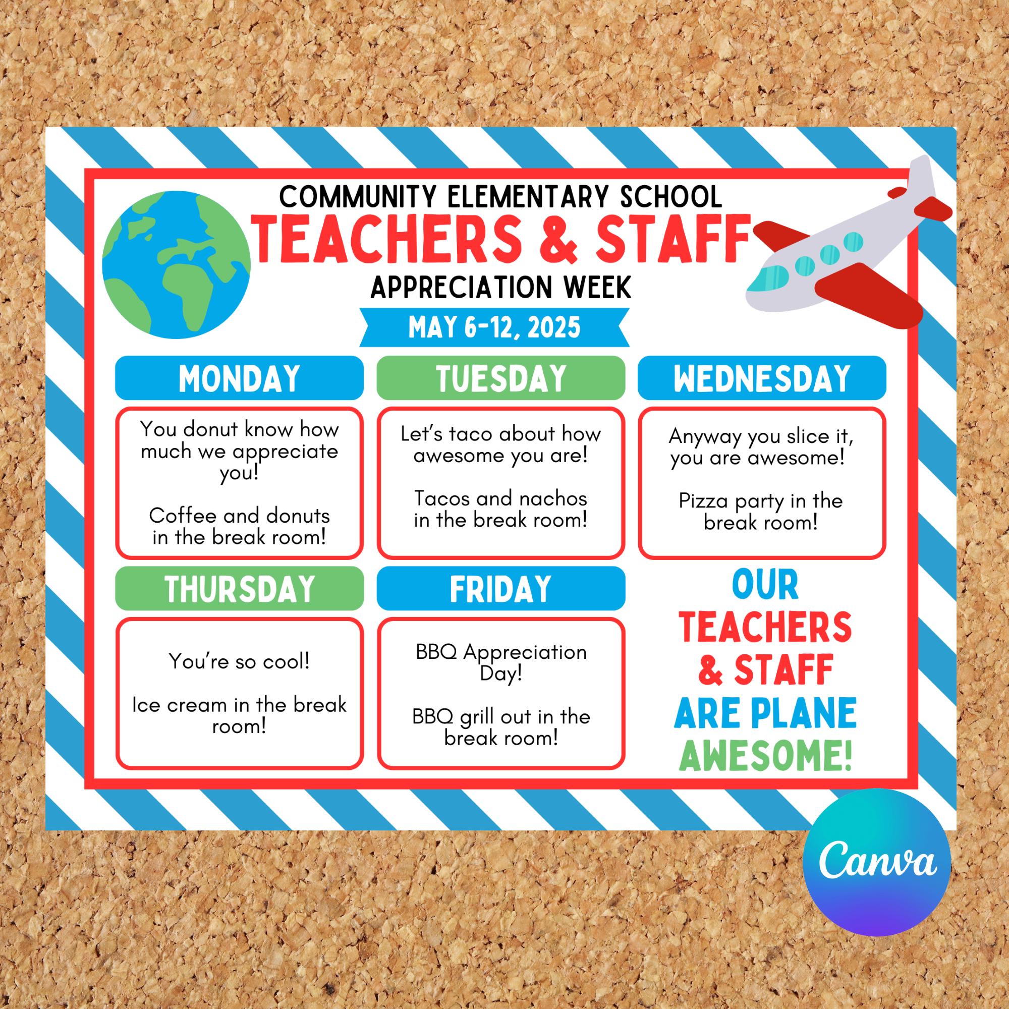 Editable Plane Themed Teachers & Staff Appreciation Week Itinerary ...