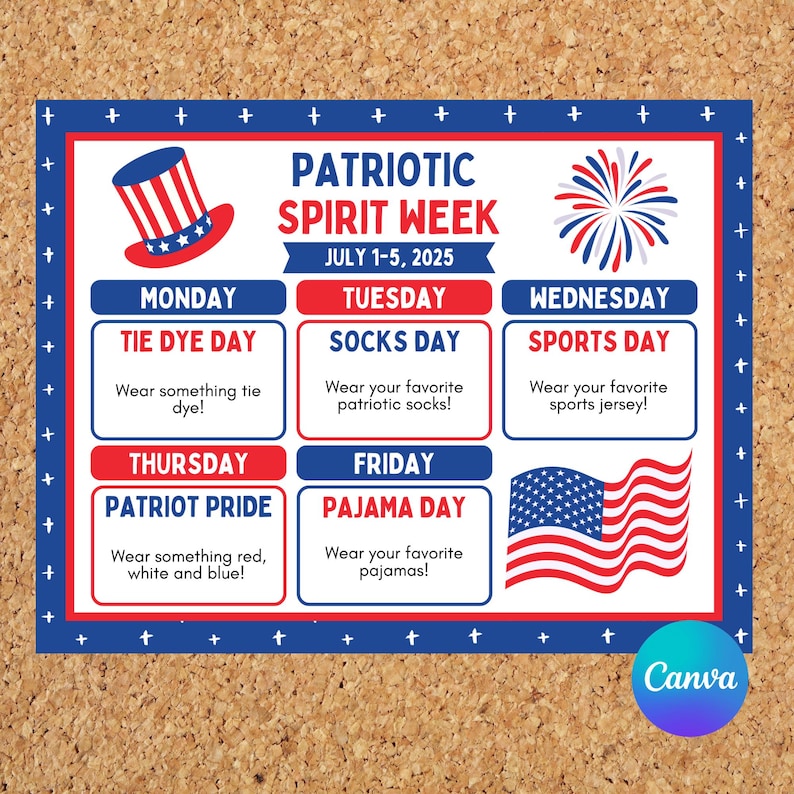 Editable Patriotic Spirit Week Itinerary Poster - Etsy