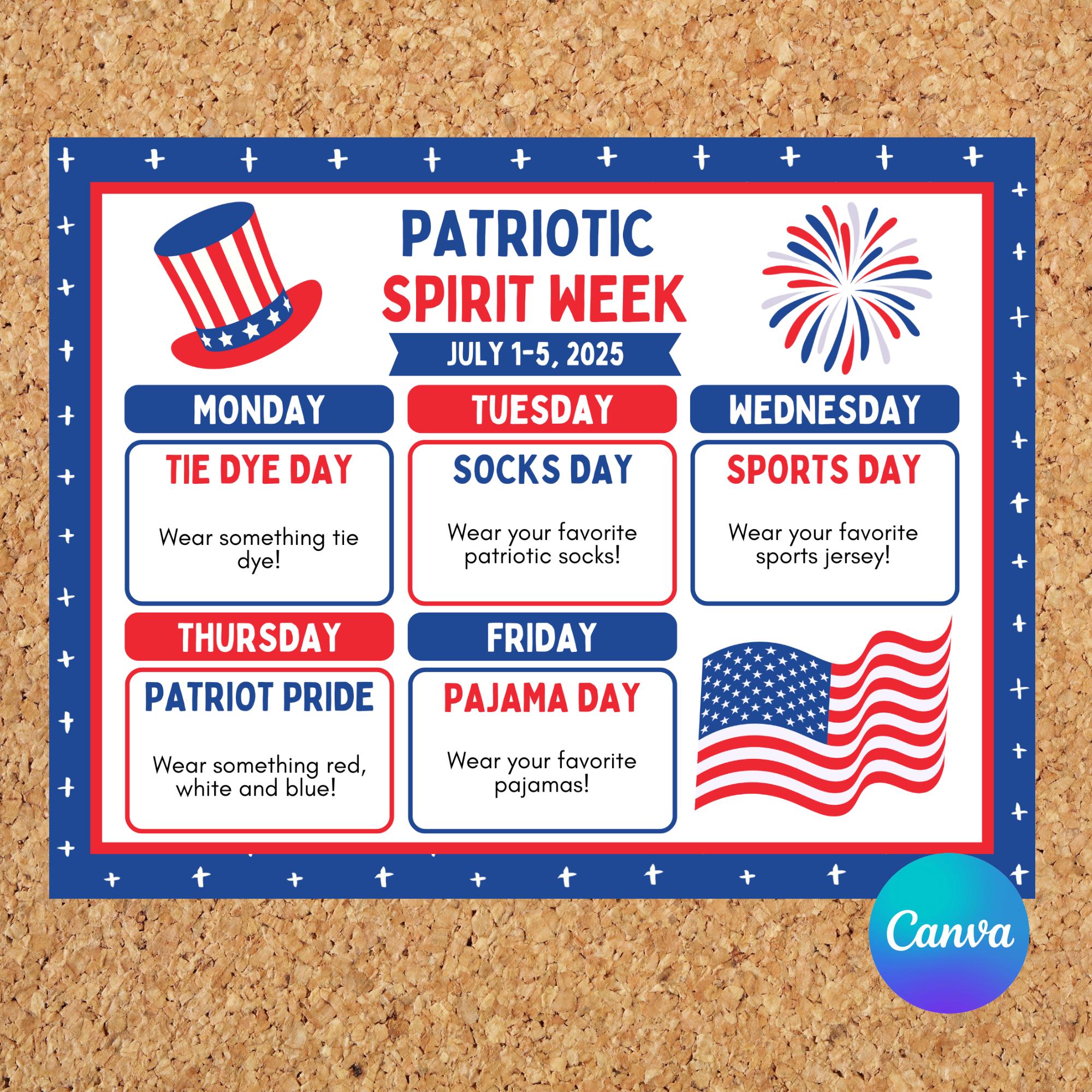 Editable Patriotic Spirit Week Itinerary Poster - Etsy