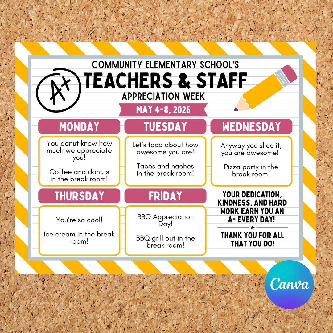 Editable School Themed Teachers & Staff Appreciation Week Itinerary ...