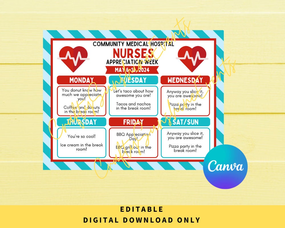 Editable Nurses Appreciation Week Itinerary Poster - Etsy