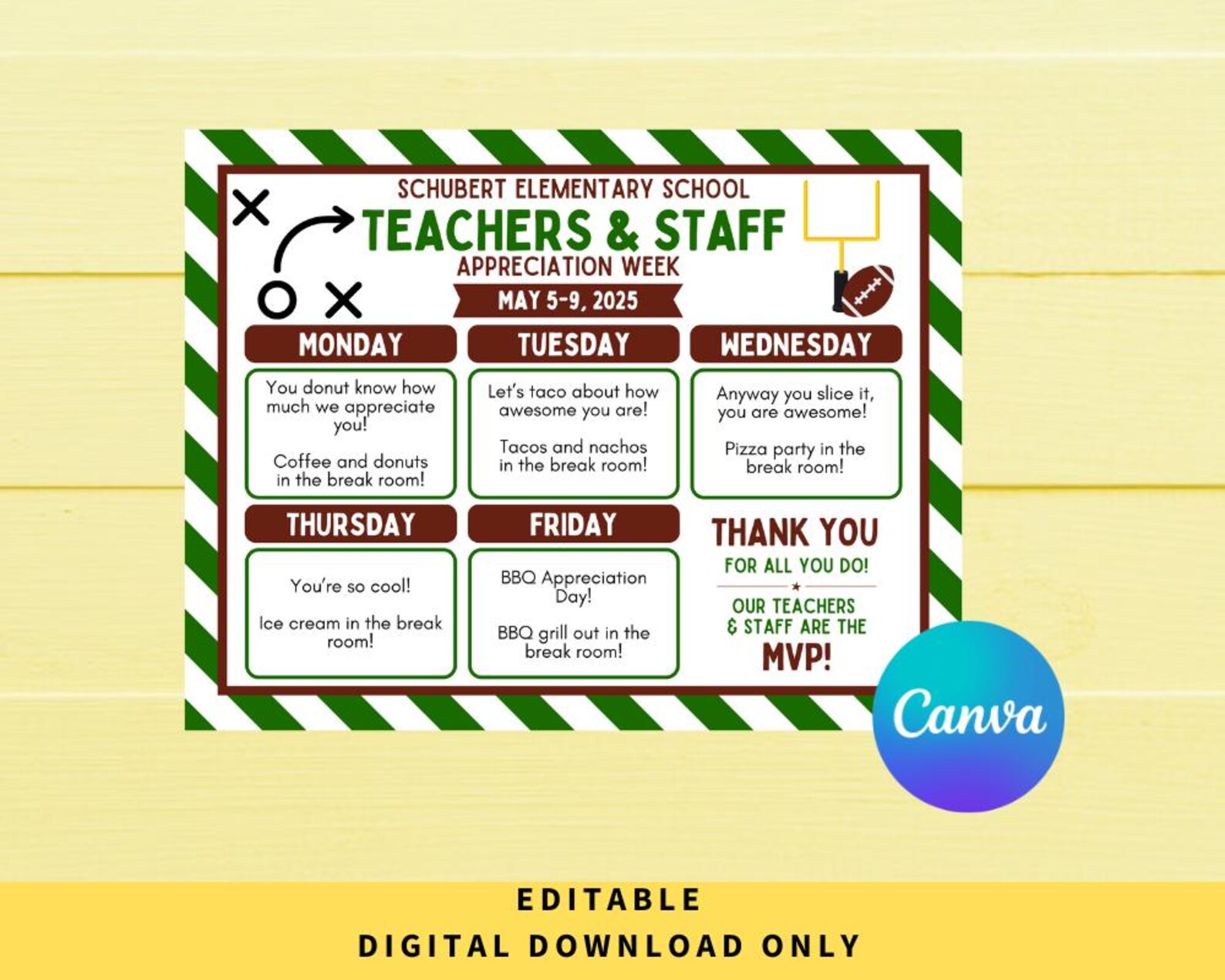 Editable Football Themed Teachers & Staff Appreciation Week Itinerary ...