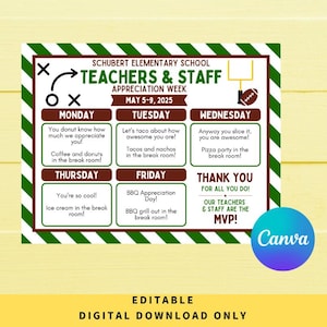 Editable Football Themed Teachers & Staff Appreciation Week Itinerary ...