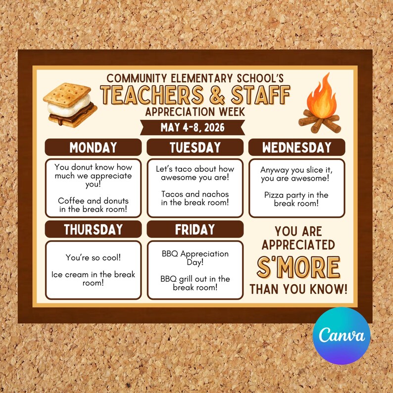 Editable S'mores Themed Teachers & Staff Appreciation Week Itinerary ...
