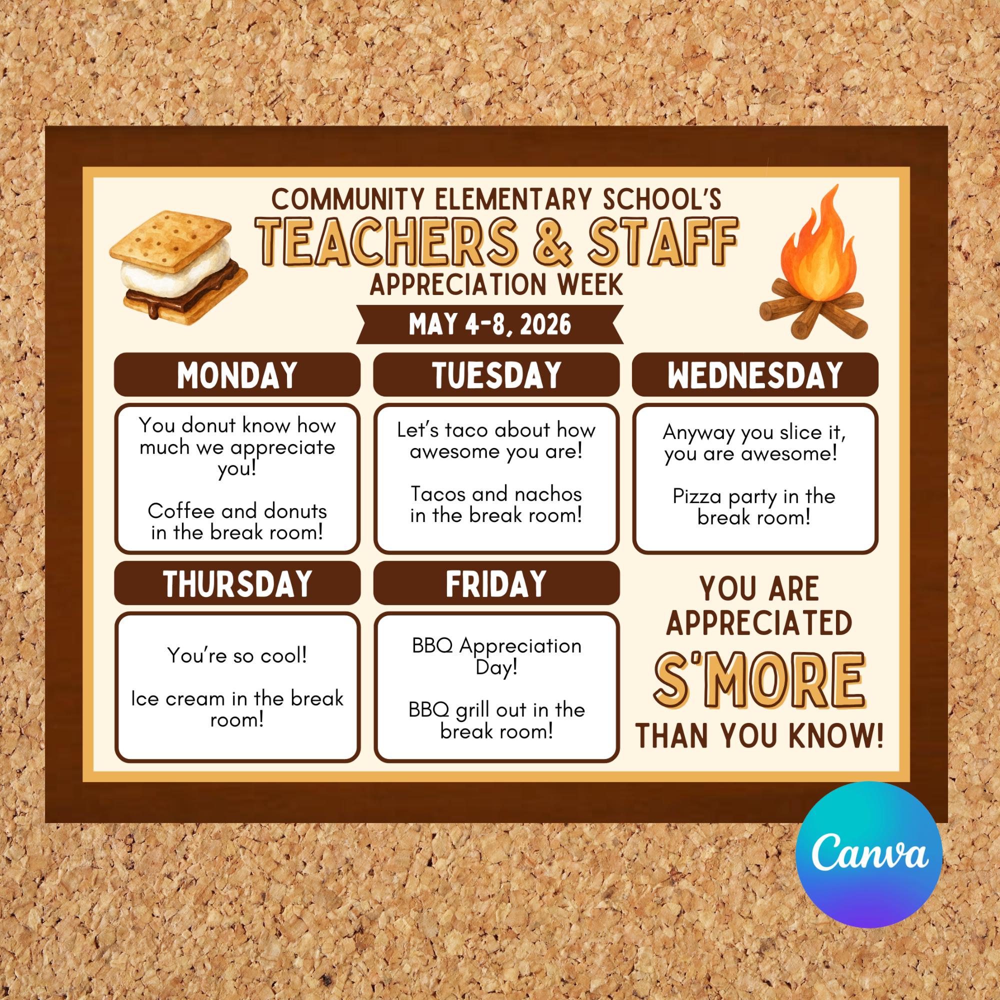 Editable S'mores Themed Teachers & Staff Appreciation Week Itinerary ...