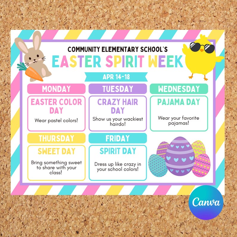 DIGITAL DOWNLOAD ONLY Editable Easter Spirit Week Itinerary Poster 11x8 ...